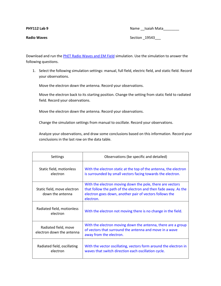 Radio Waves Lab Report: PhET Simulation Analysis