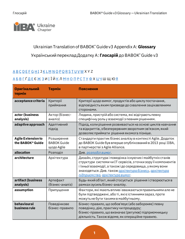 Глосарій BABOK Guide v3 - Український переклад
