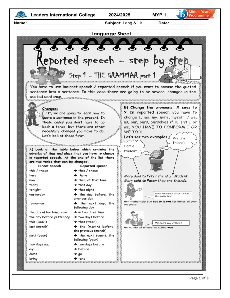 Reported Speech Worksheet - MYP 1 Language & Literature