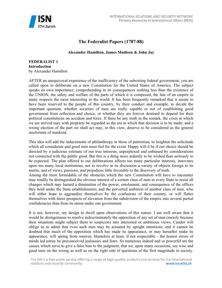 Federalist 1: Hamilton's Introduction to the Constitution