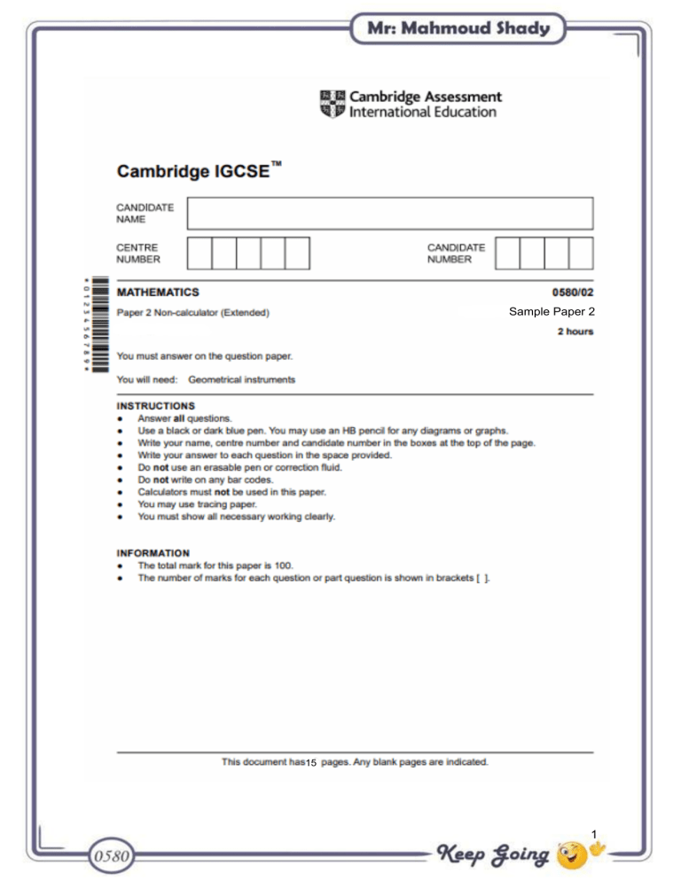 Cambridge IGCSE Math Sample Paper 2 (Non-Calc)