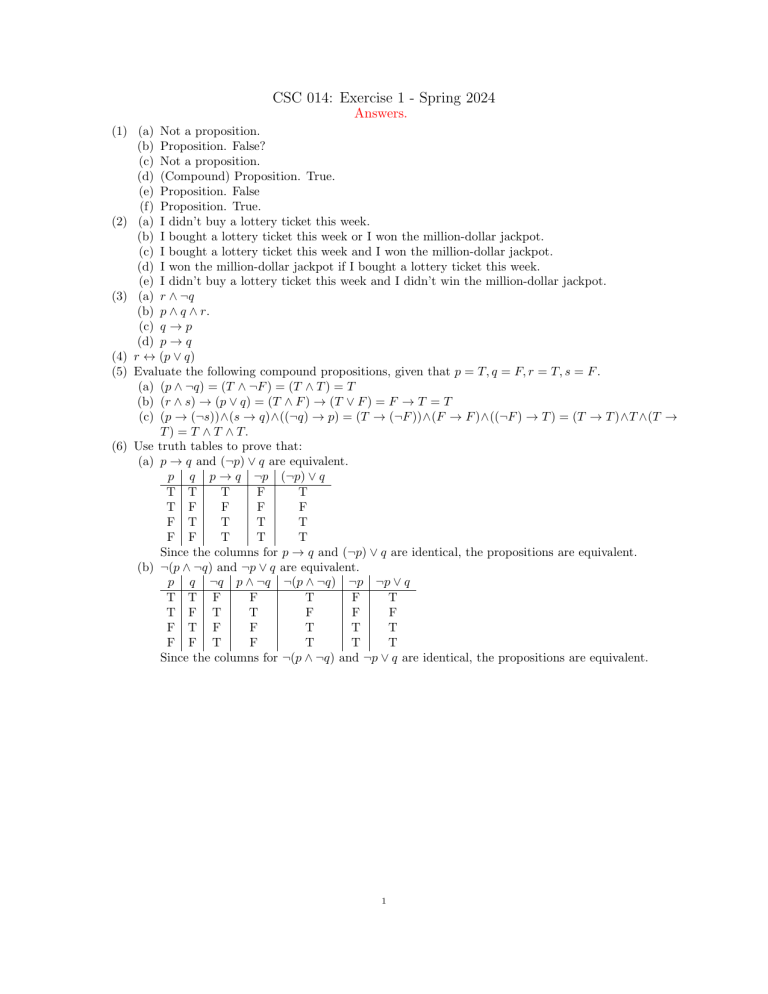 Propositional Logic Exercise Answers - Spring 2024