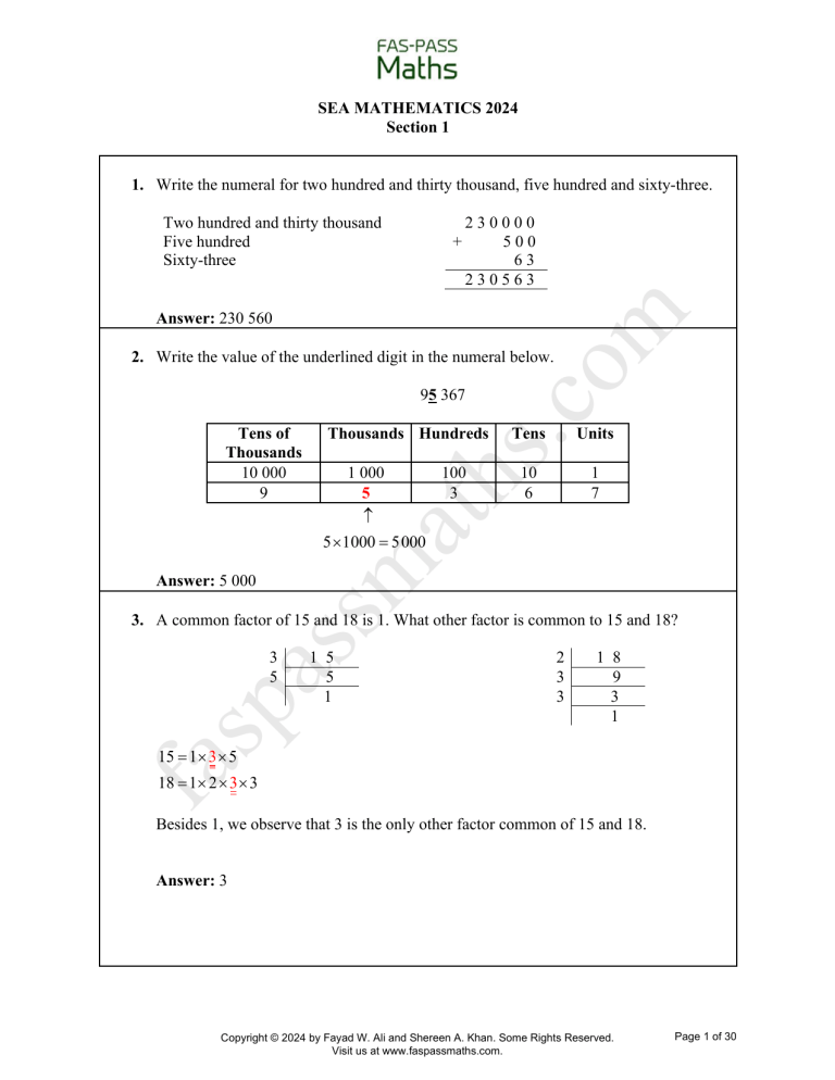 SEA Mathematics 2024 Exam Paper - Section 1 & 2