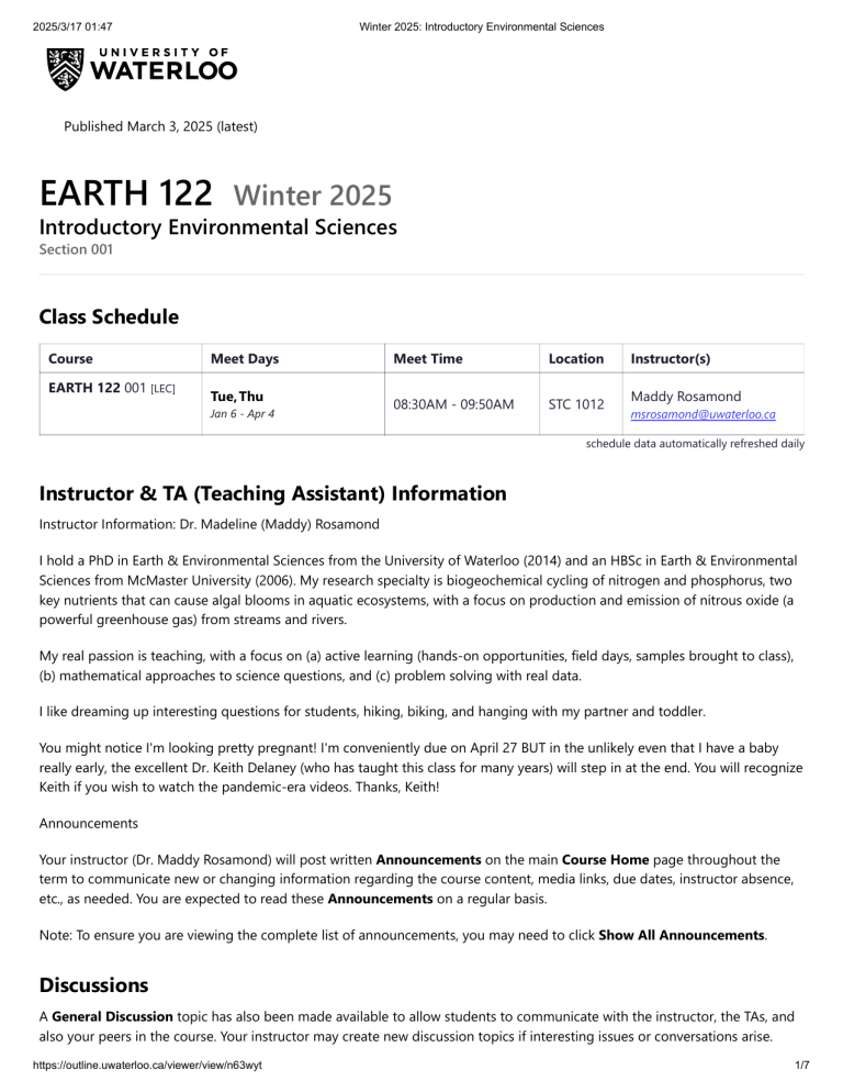 EARTH 122: Introductory Environmental Sciences Syllabus