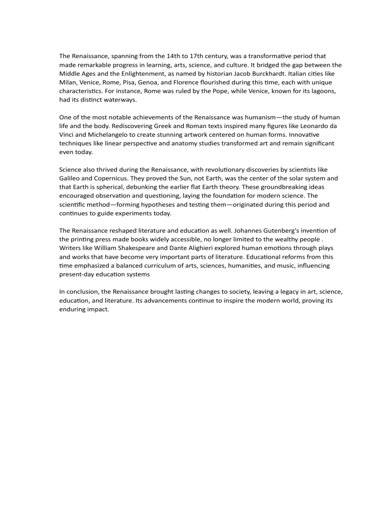 The Renaissance: Art, Science, and Culture