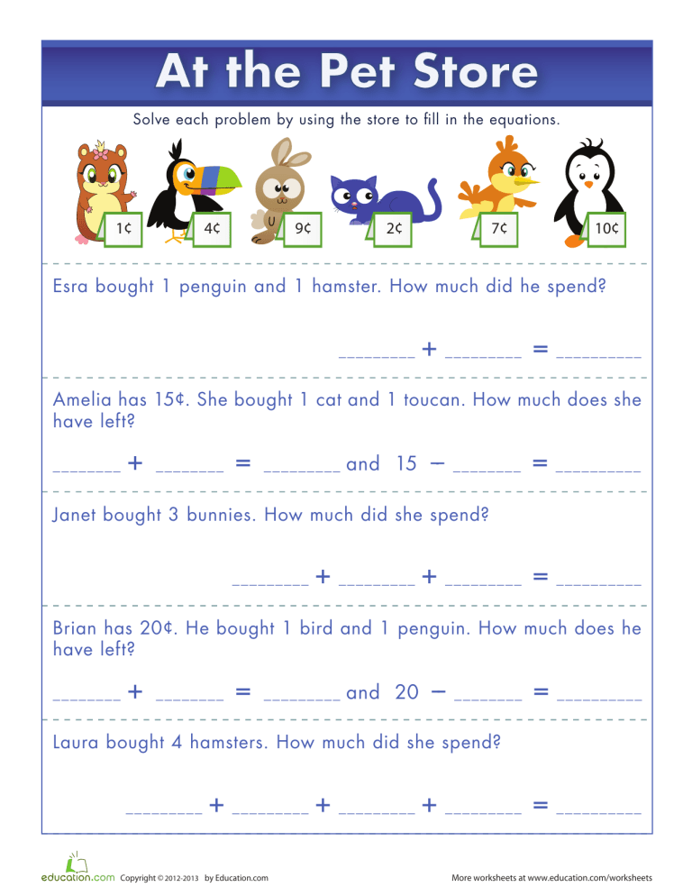 Math Story Problems Worksheet: Addition & Subtraction
