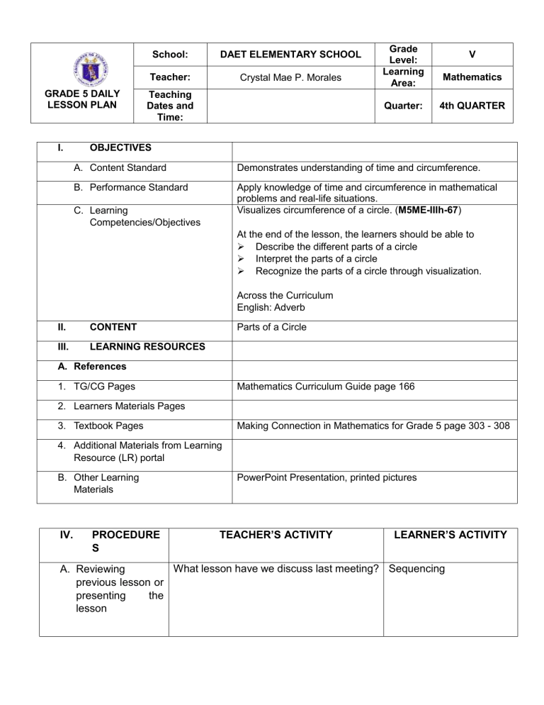 Grade 5 Math: Parts of a Circle Lesson Plan