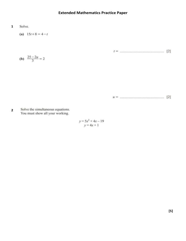 Extended Math Practice Paper: Algebra & Geometry