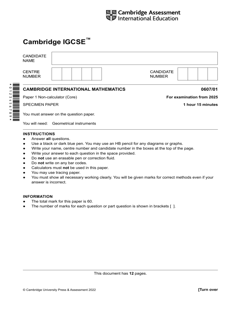 Cambridge IGCSE Math Specimen Paper 1 (Core)