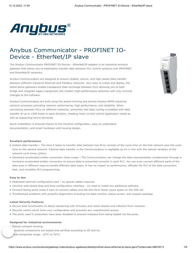 Anybus PROFINET IO-Device - EtherNet/IP Gateway Datasheet