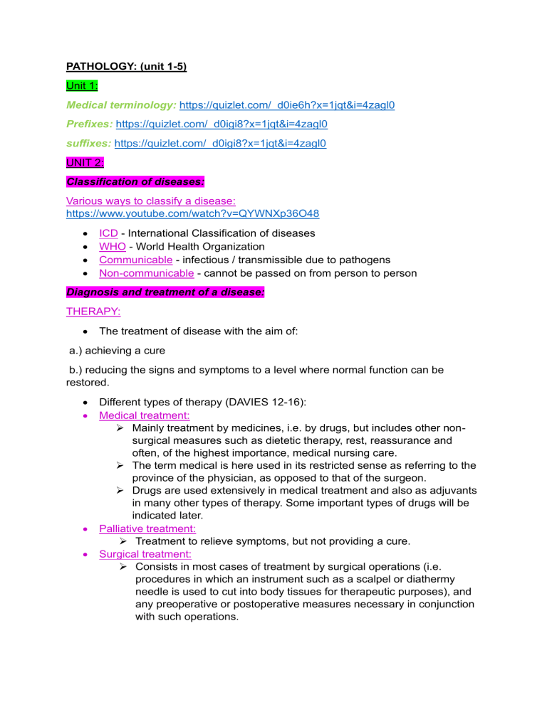 Pathology Study Notes: Medical Terminology & Treatments