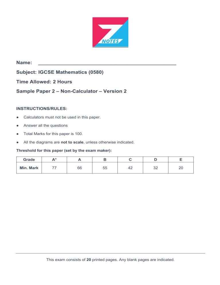 IGCSE Math Sample Paper 2 (0580) - Non-Calculator
