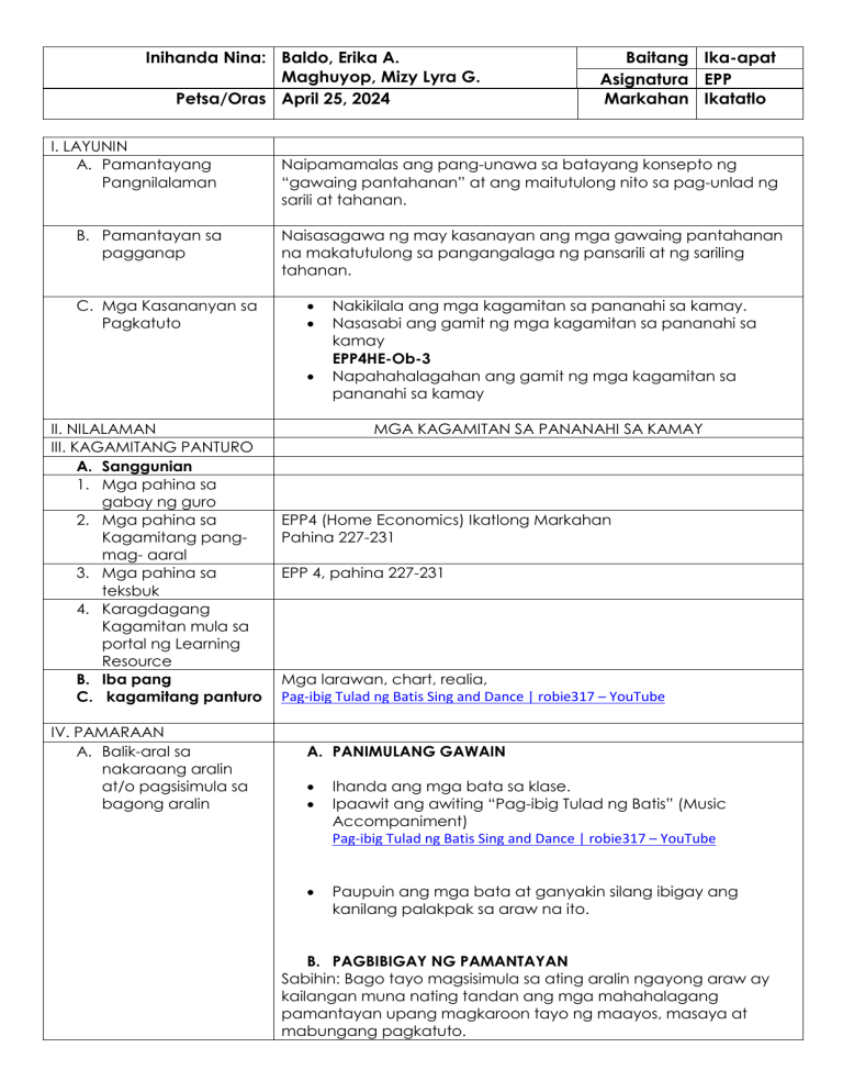 EPP 4 Hand Sewing Tools Lesson Plan