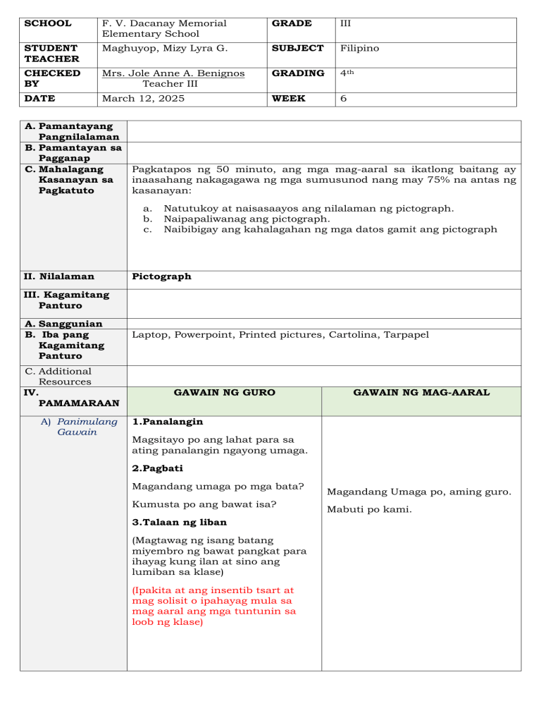 Grade 3 Filipino Lesson Plan: Understanding Pictographs
