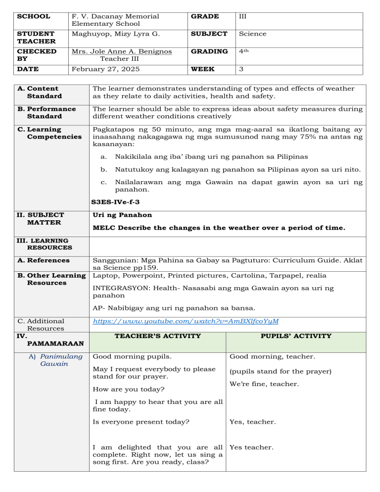 Weather Lesson Plan: Grade 3 Science in the Philippines