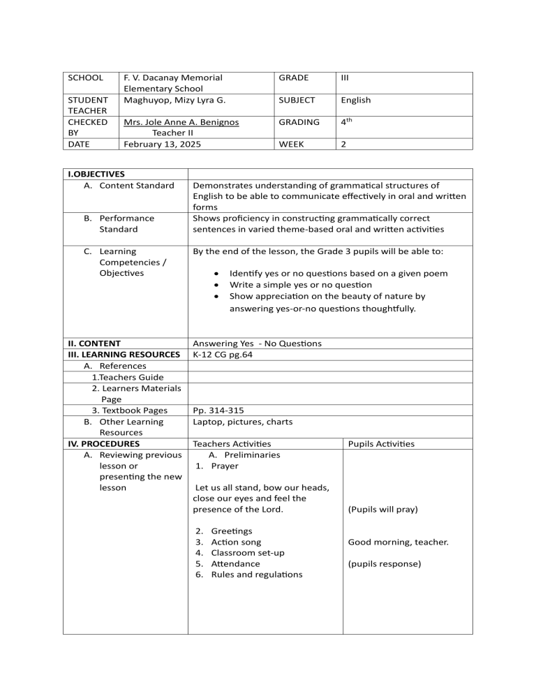 Grade 3 English Lesson Plan: Yes/No Questions