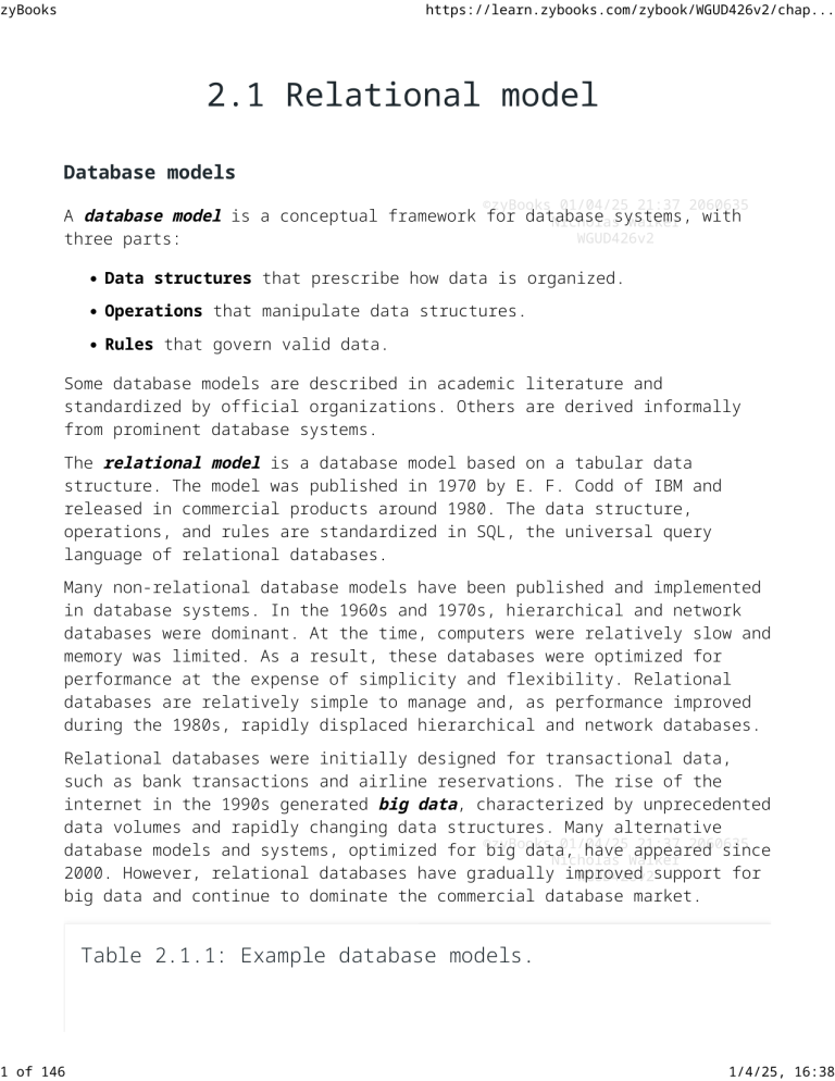 Relational Database Models: Data Structures & Operations