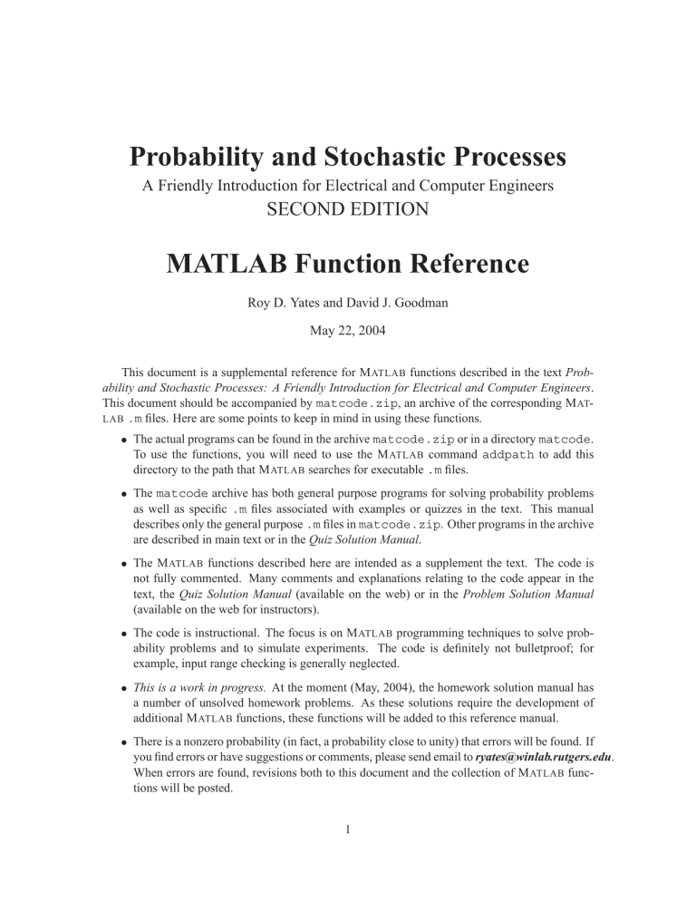 MATLAB Functions for Probability & Stochastic Processes