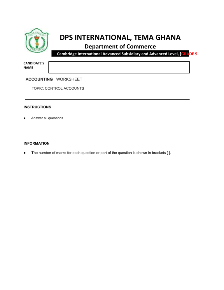 Accounting Worksheet: Control Accounts - High School