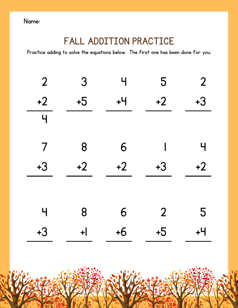Fall Addition Practice Worksheet for Elementary School
