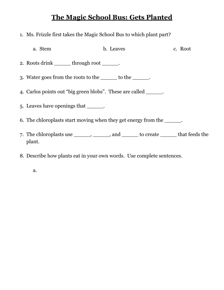 Magic School Bus: Plant Biology Worksheet