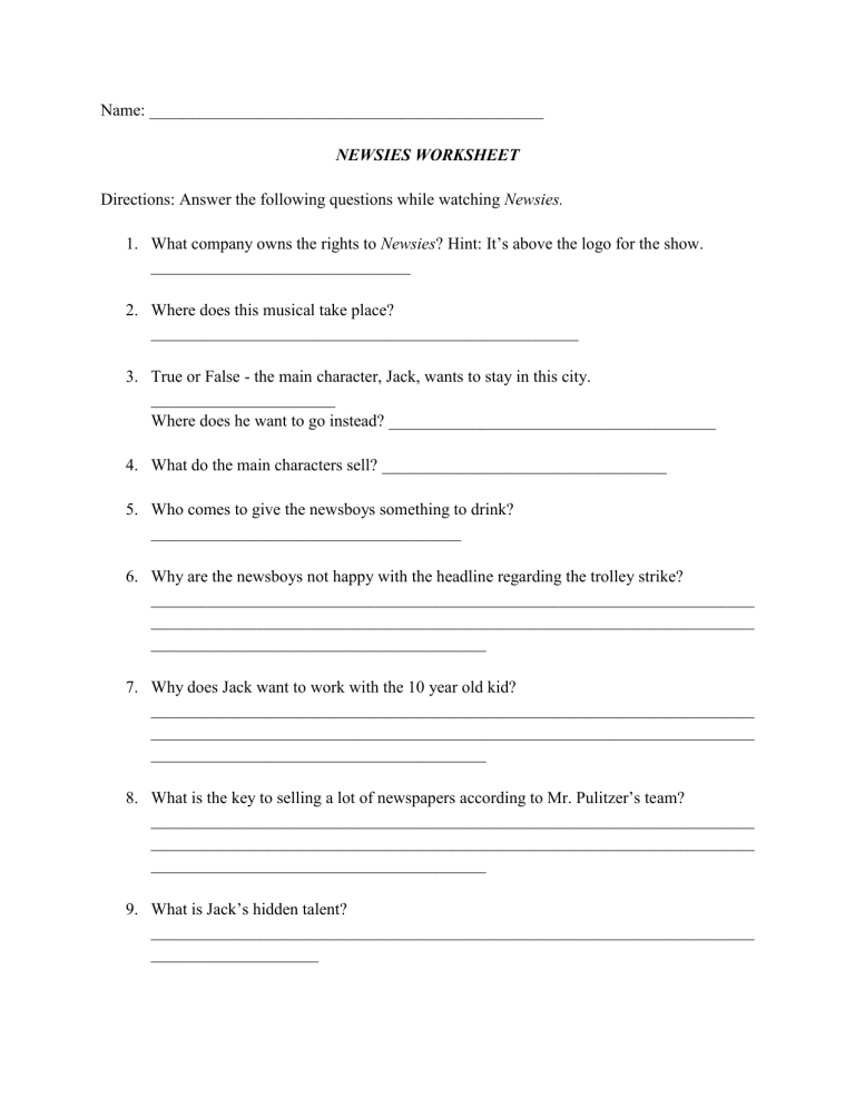 Newsies Musical Worksheet: Plot, Characters, and Themes