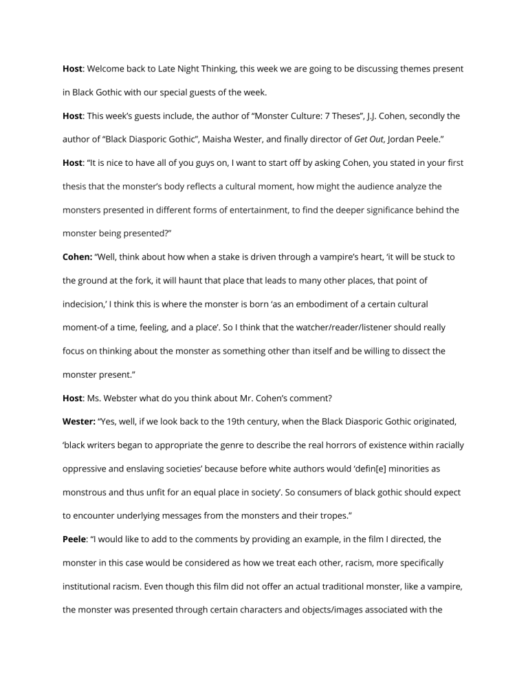 Black Gothic Themes: Cohen, Wester, Peele Discussion