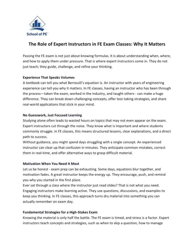 Expert FE Exam Instructors: Why They Matter | School of PE