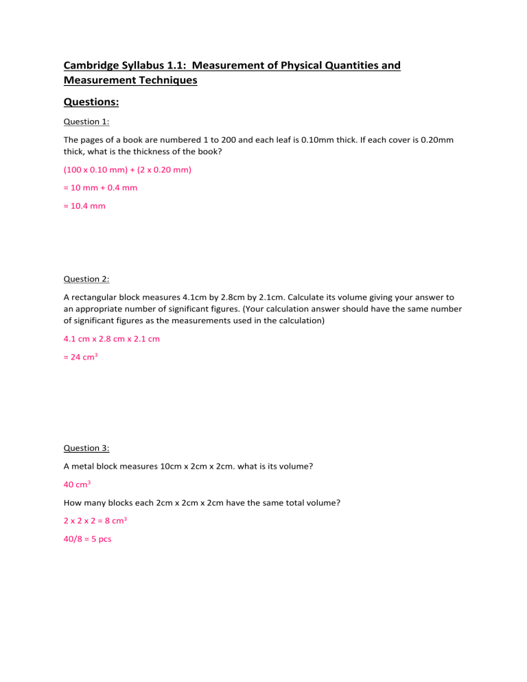 Physics Measurement & Motion Worksheet - Cambridge Syllabus