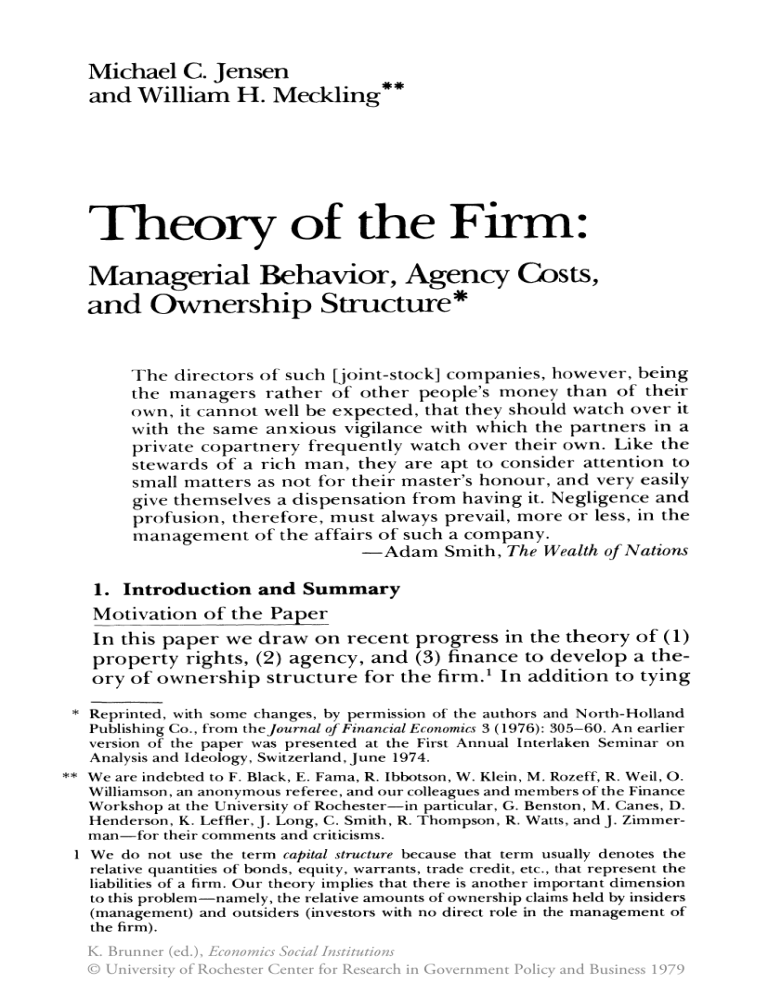 Theory of the Firm: Agency Costs & Ownership