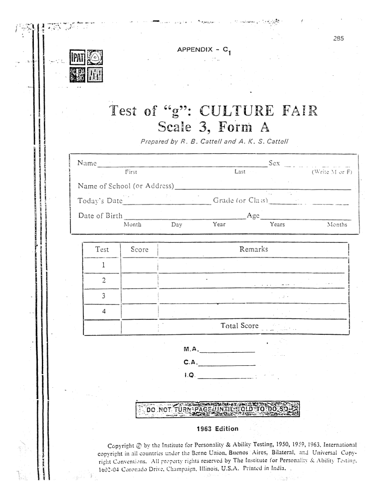 Culture Fair Intelligence Test: Scale 3, Form A