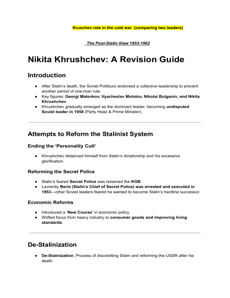 Khrushchev & Cold War: Revision Guide (1953-1962)