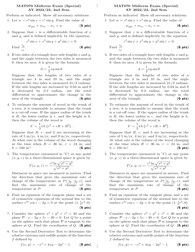 MAT070 Midterm Exam: Multivariable Calculus Problems