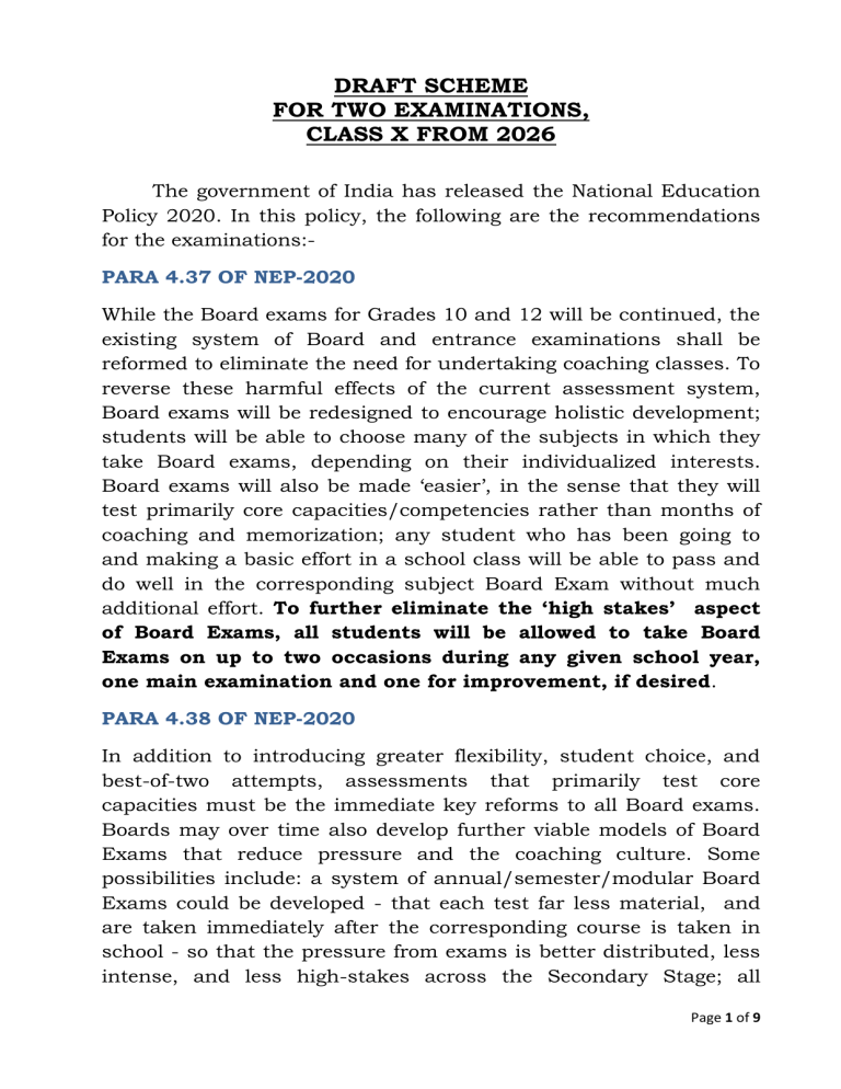 Class X Exam Scheme 2026: Draft & Highlights