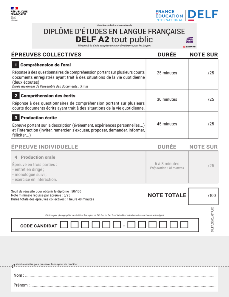 Exemple de sujet DELF A2