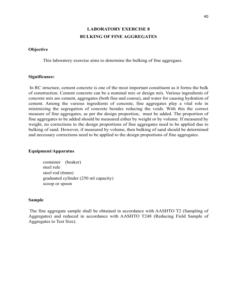 Bulking of Fine Aggregates Lab Exercise
