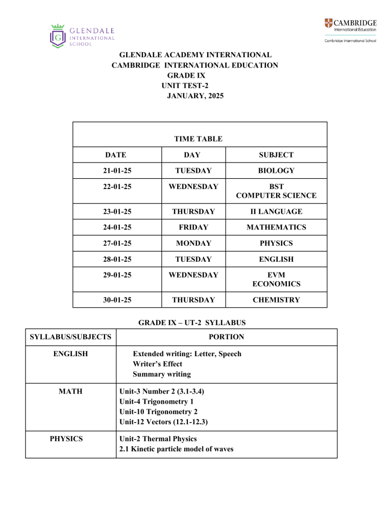Grade IX Unit Test-2 Syllabus & Timetable - Glendale Academy