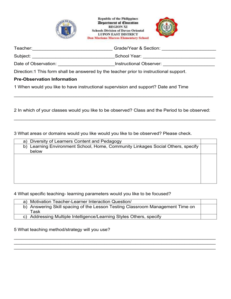 Teacher Pre-Observation Form for Instructional Support