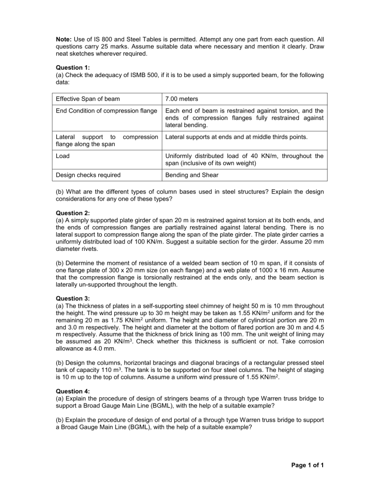 Structural Steel Design Exam Paper - IS 800