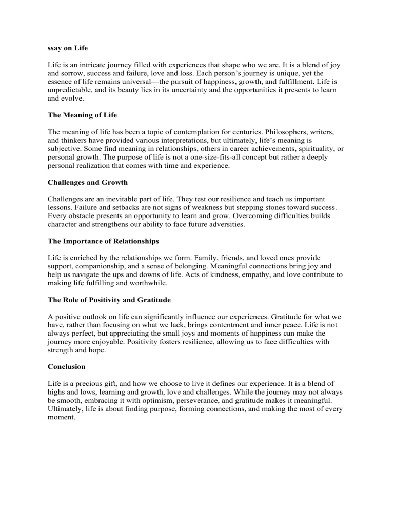 Essay on Life: Meaning, Challenges, and Relationships