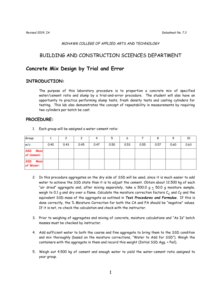 Concrete Mix Design Lab: Trial & Error Procedure | Mohawk College