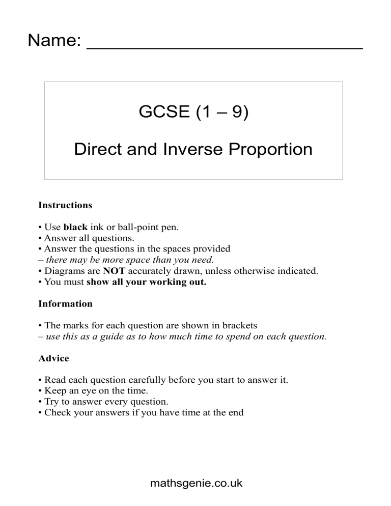 Direct And Inverse Proportion Gcse Maths Worksheet