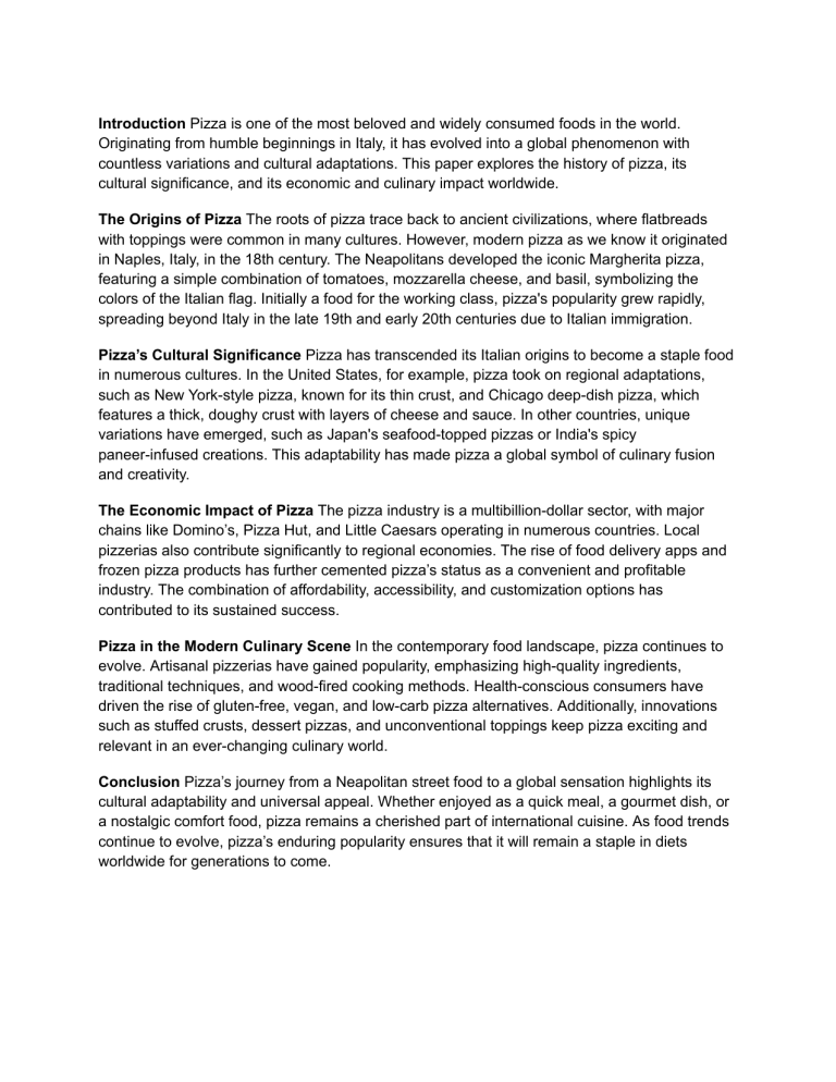 Pizza: History, Culture, and Economic Impact