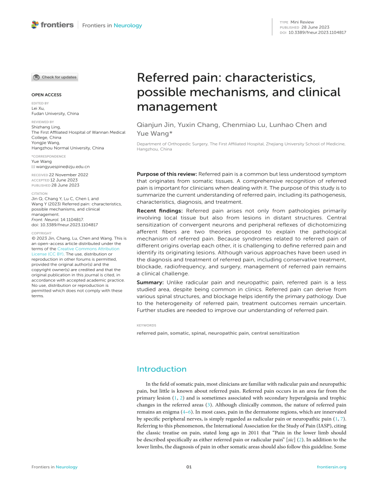 Referred Pain: Characteristics, Mechanisms, and Management