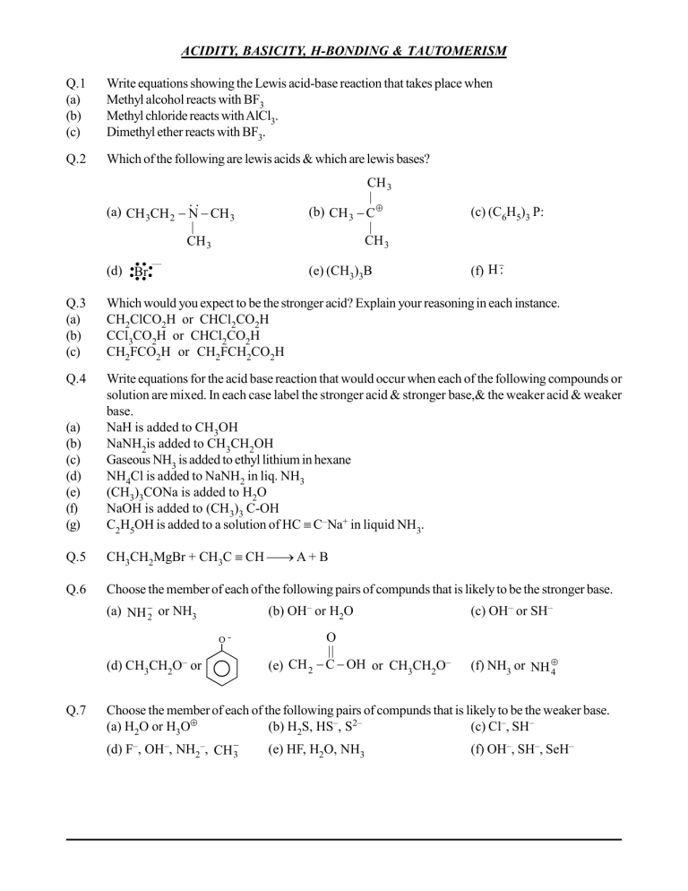 Acidity, Basicity, H-Bonding & Tautomerism Worksheet
