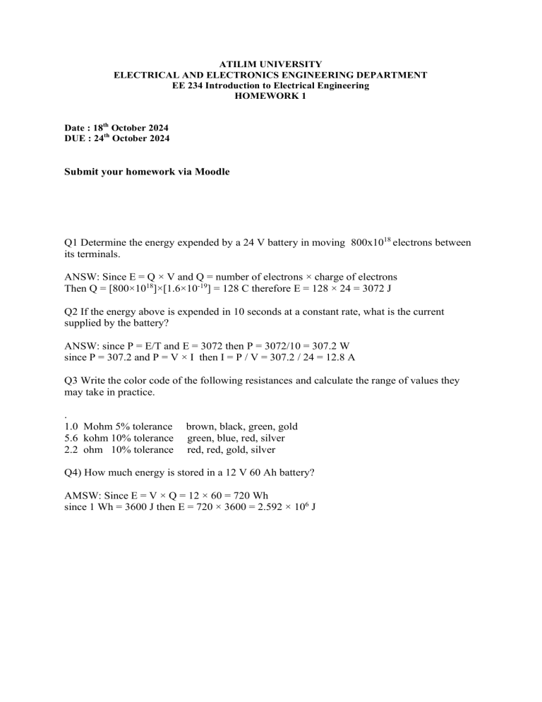 Electrical Engineering Homework 1: Energy, Current, Resistance