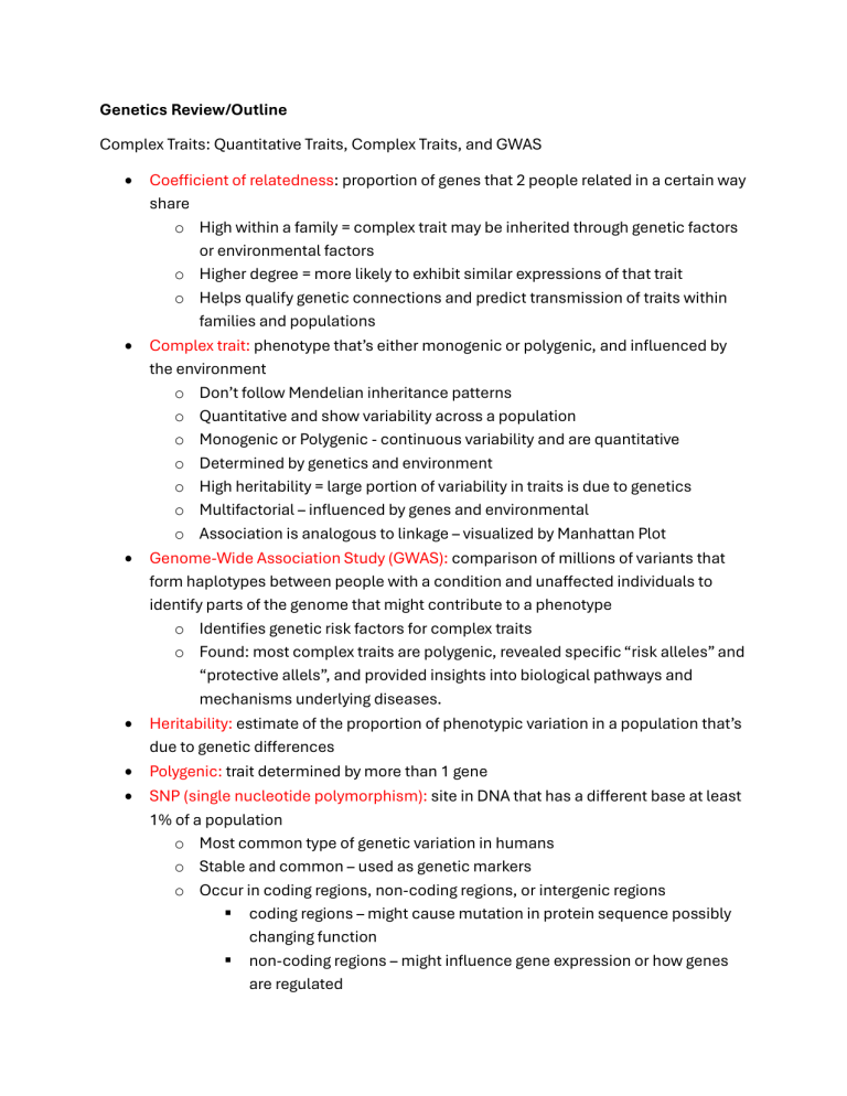 Genetics Review: Complex Traits, GWAS, Chromosome Variation