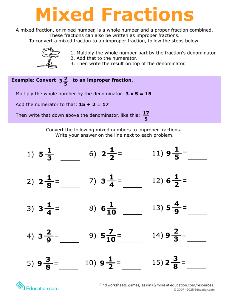 Mixed Fractions Worksheet: Convert Mixed to Improper
