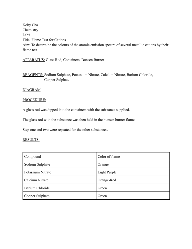 Flame Test Lab Report: Cations & Emission Spectra