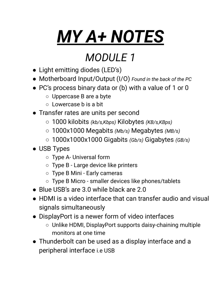 A+ Certification Exam Notes: Hardware & Peripherals